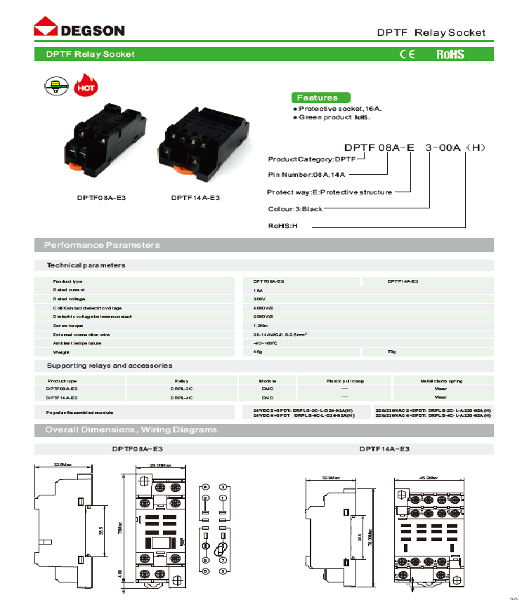 Đế Rơle trung gian loại DPTF08A-E3-00A(H) 16A,loại 8 chân dẹp lớn.