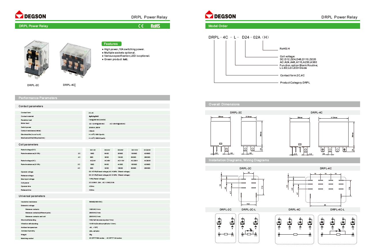Rơle trung gian loại DRPL-2C-L-D24-02AH,2 Cực,10A / 24VDC, 8 chân dẹp lớn.