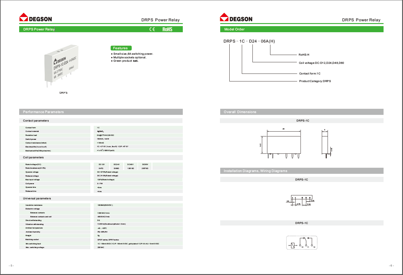 Rơle trung gian loại DRPS-1C-D24-06A(H) 5 chân siêu mỏng , 24VDC/6A